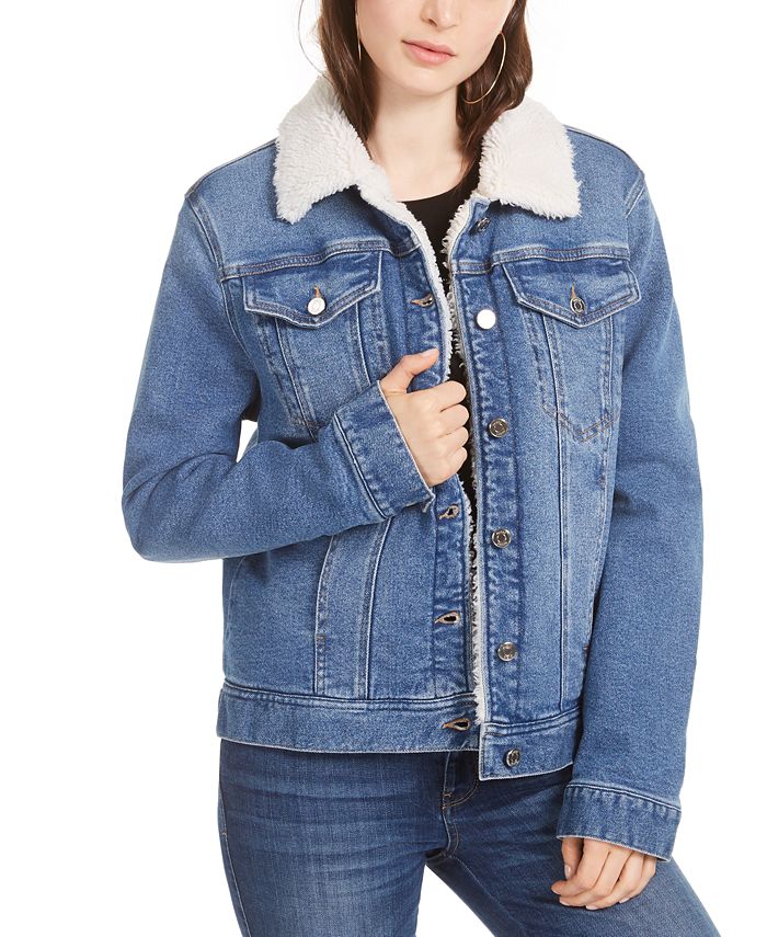 GUESS Fleece-Trim Denim Trucker Jacket - Macy's