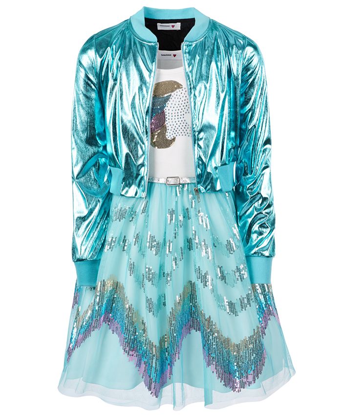 Beautees Big Girls 2-Pc. Metallic Bomber Jacket & Unicorn Dress Set ...