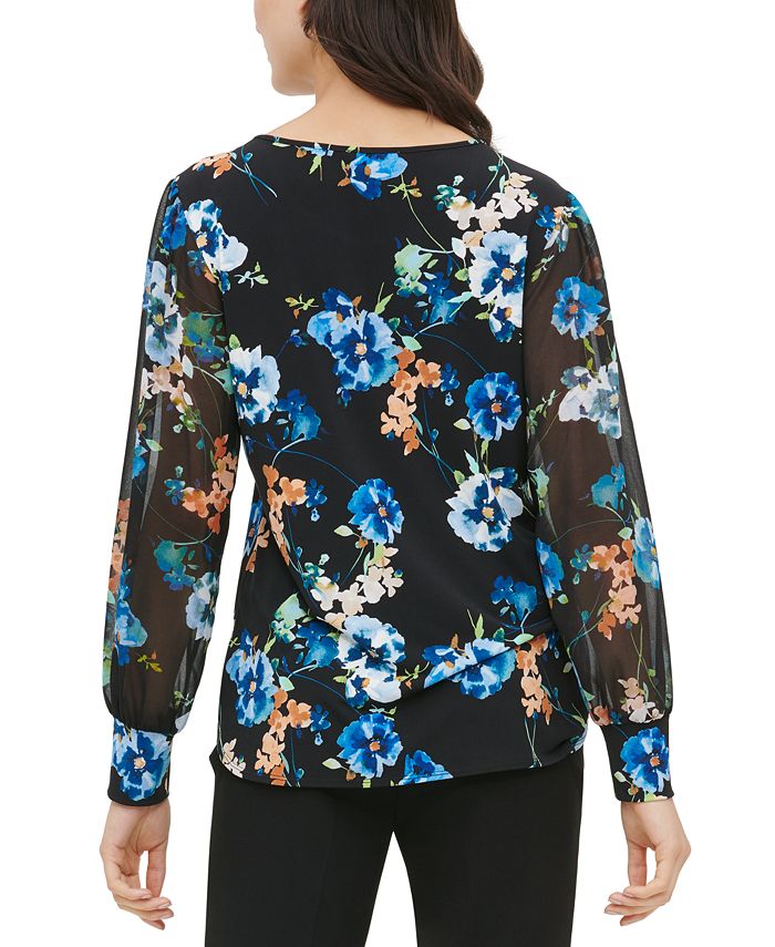 Calvin Klein Floral-Print Chiffon-Sleeve Top - Macy's