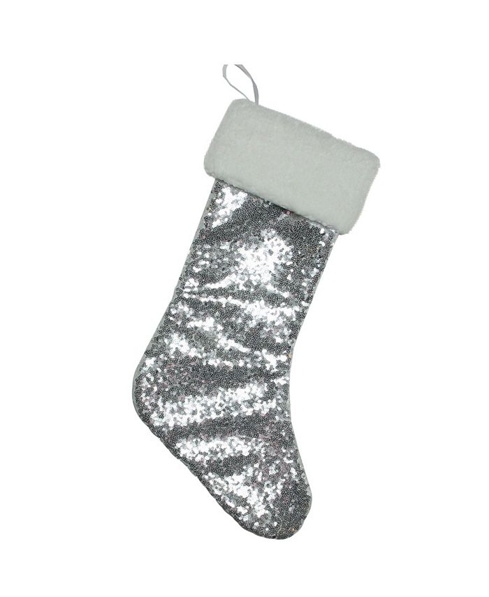 Northlight 18" Silver Sequined Christmas Stocking with Sherpa Cuff - Macy's