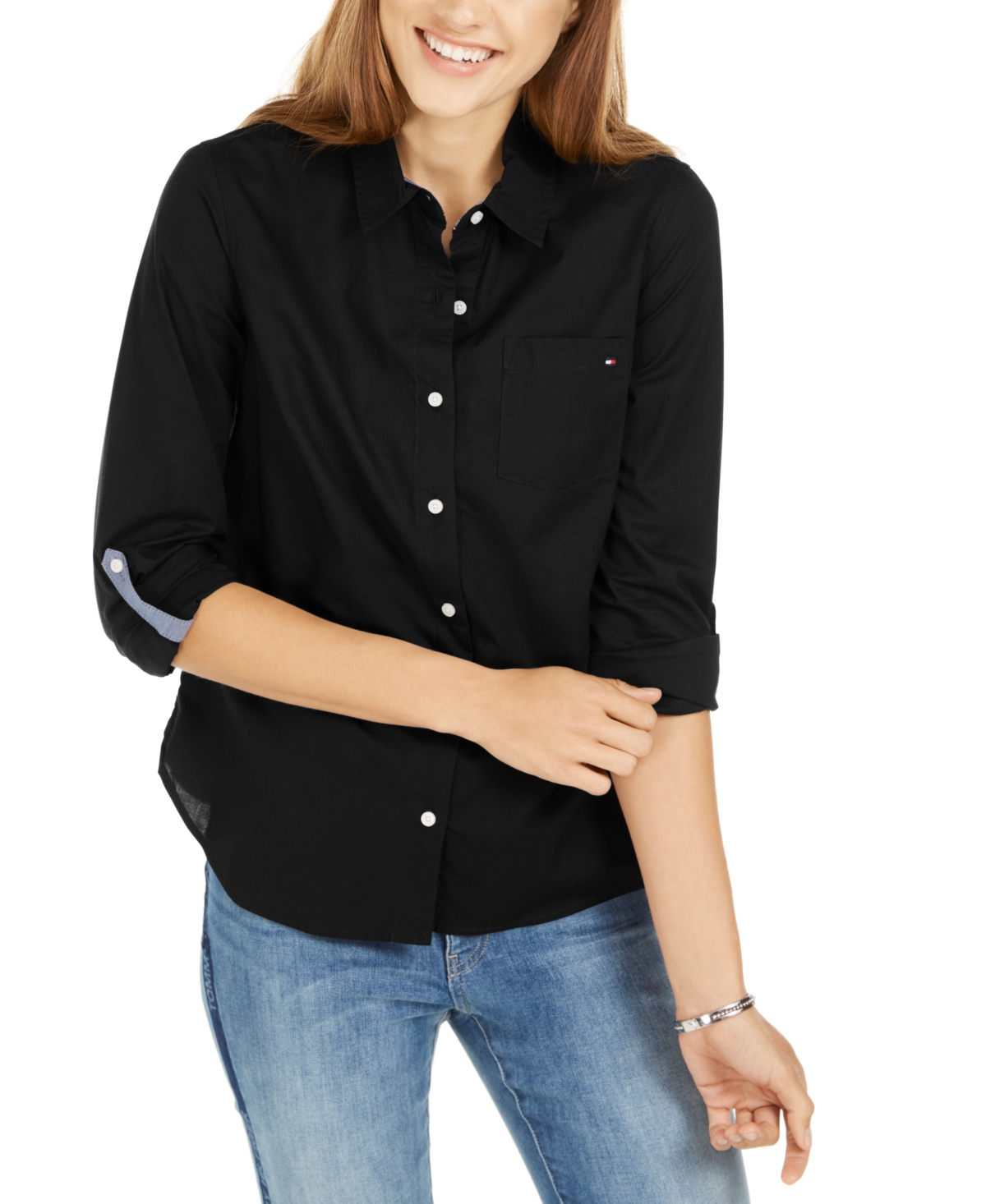 Click here for Tommy Hilfiger Womens Cotton Roll-Tab Button-Up Sh... prices
