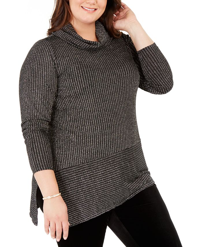 Belldini Plus Size Metallic Cowlneck Asymmetrical-Hem Top - Macy's