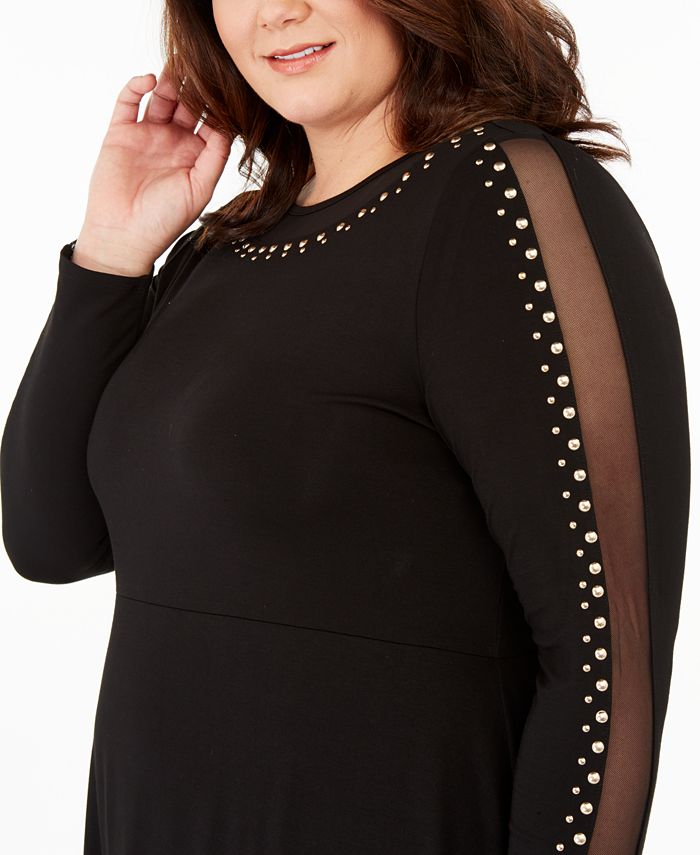 Belldini Plus Size Studded Mesh-Trimmed Fit & Flare Dress - Macy's