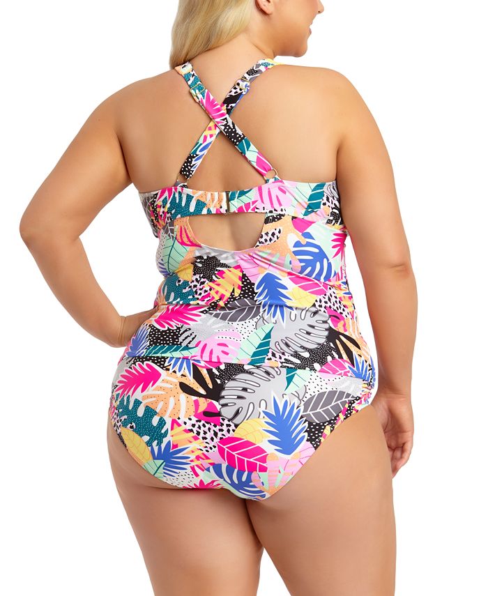California Waves Trendy Plus Size Tropic Mix Printed Cinch Front