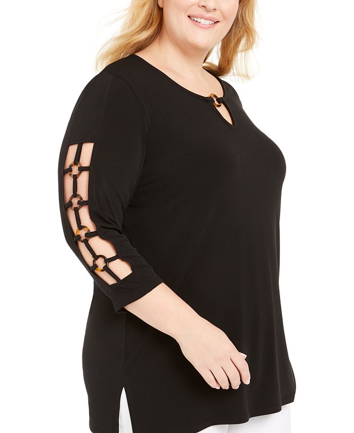 JM Collection Plus Size Ring-Trim Ladder-Sleeve Top, Created for Macy's ...