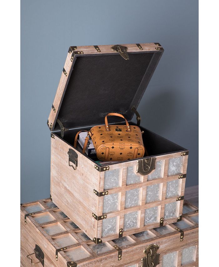 Vintiquewise Wooden Square Galvanized Metal Lined Storage Trunk, Set Of ...