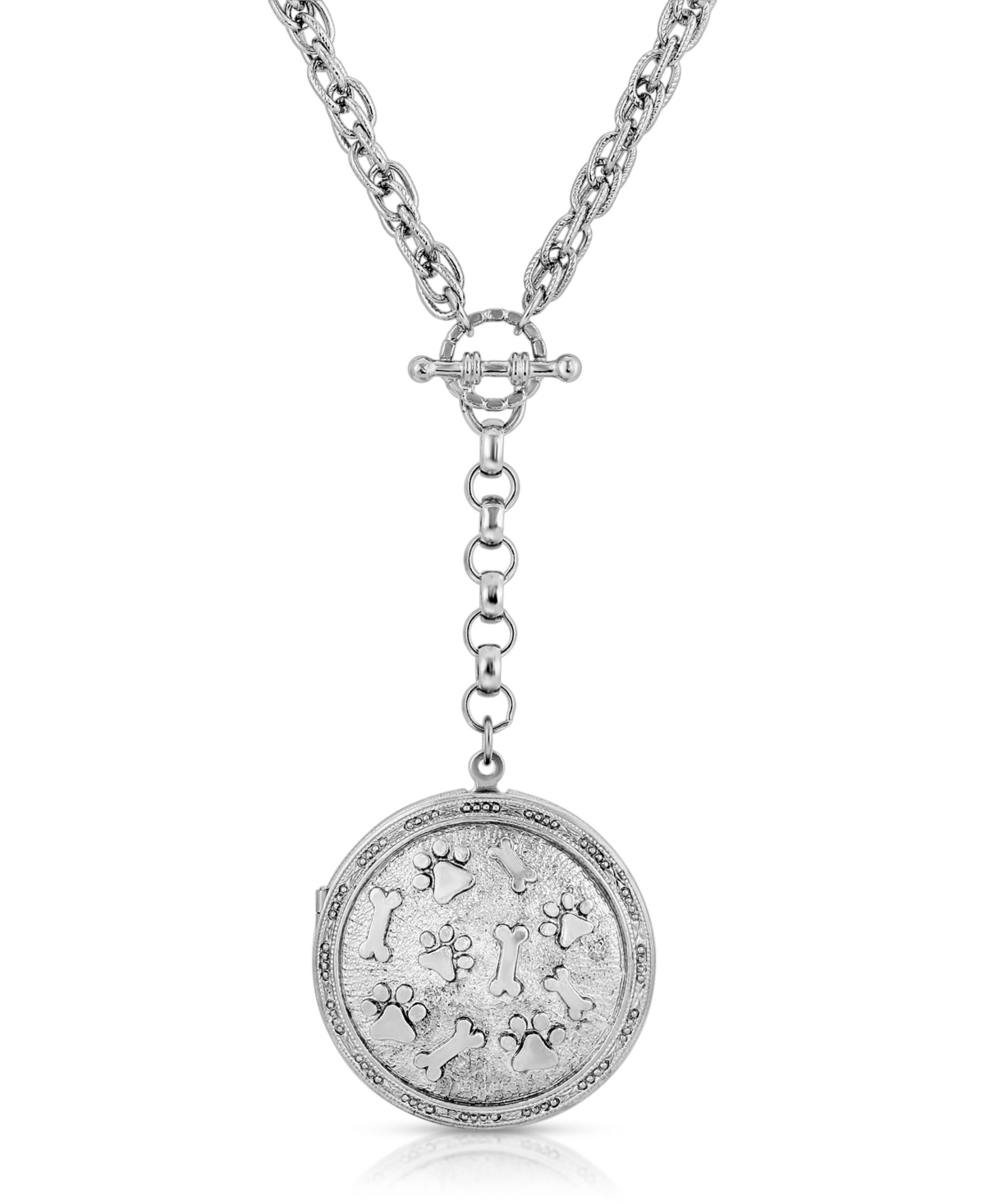 Click here for 2028 Silver Tone Paw Print Locket Y Necklace - Sil... prices
