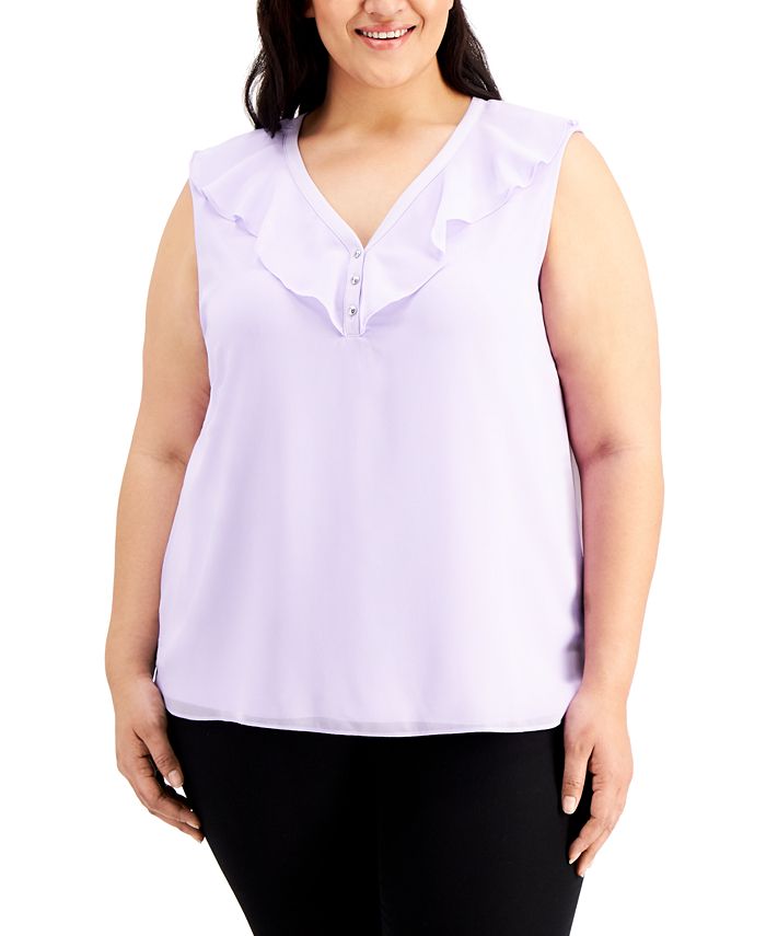 Calvin Klein Plus Size Ruffled V-Neck Chiffon Top - Macy's