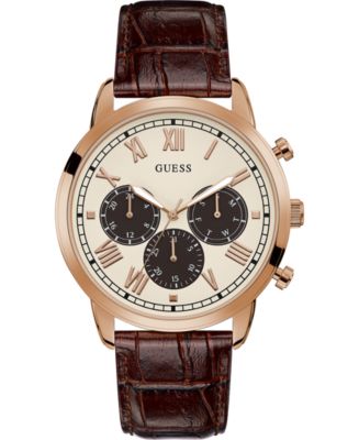 GUESS Men's Brown Leather Strap Watch 44mm - Macy's