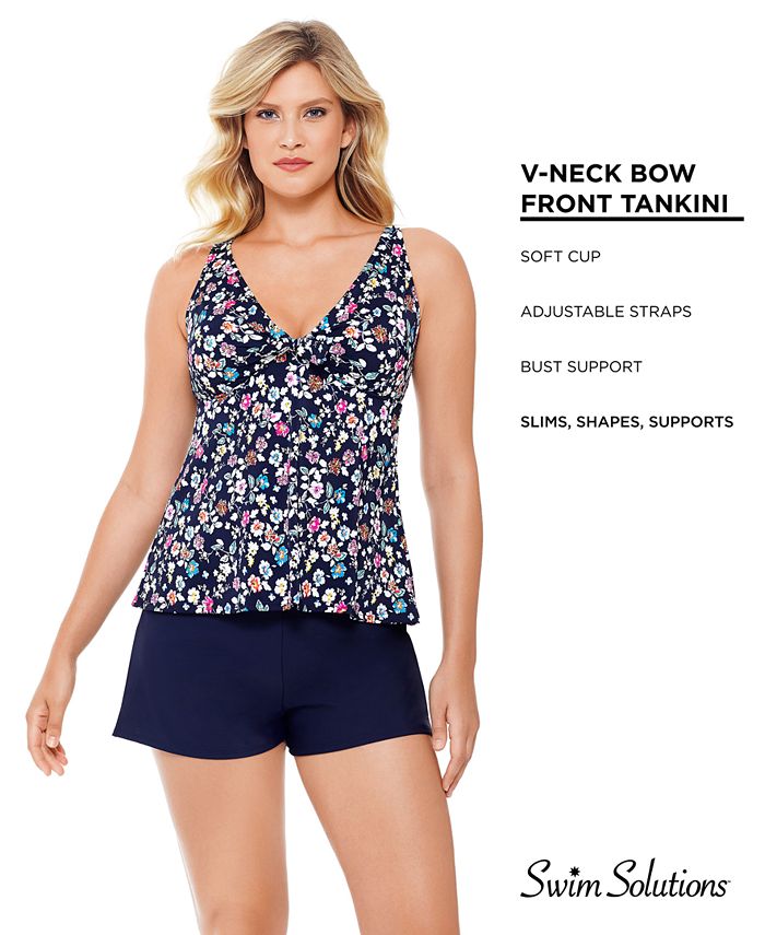 Swim Solutions Vintage Daisy Printed V-Neck Bow Tankini Top, Created ...