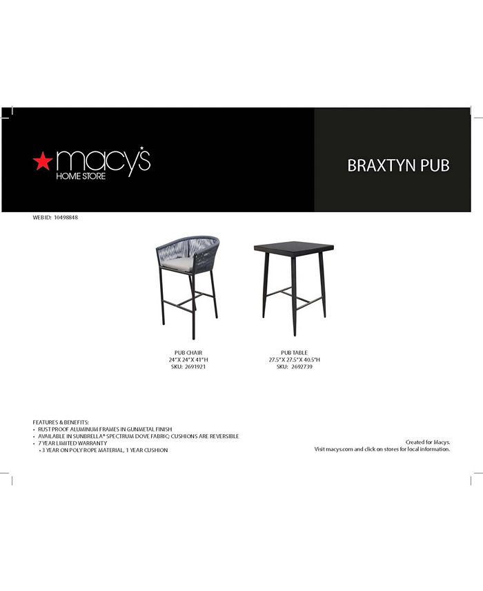 Furniture Braxtyn Outdoor Bar 28" Square Table, Created for Macy's - Macy's