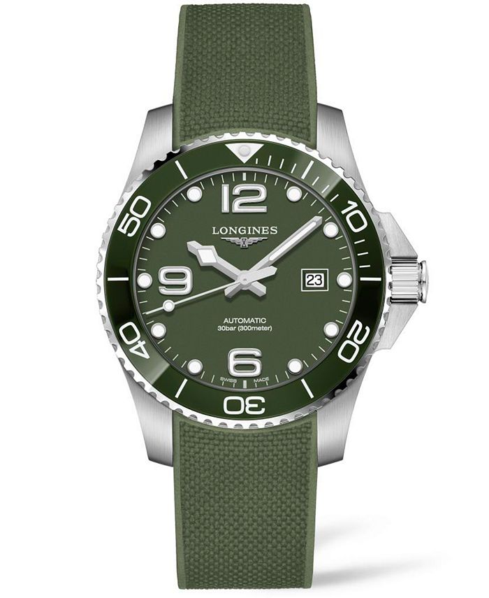 Longines Men's Swiss Automatic Hydroconquest Green Rubber Strap Watch ...