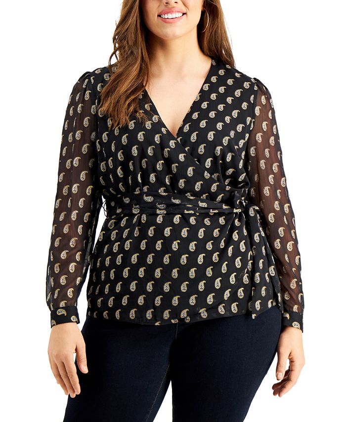 INC International Concepts Plus Size Foil Surplice Wrap Top, Created ...