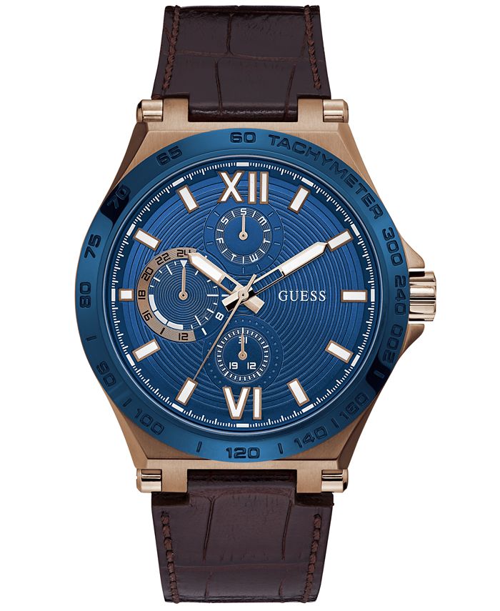 GUESS Men's Brown Leather Strap Watch 46mm - Macy's