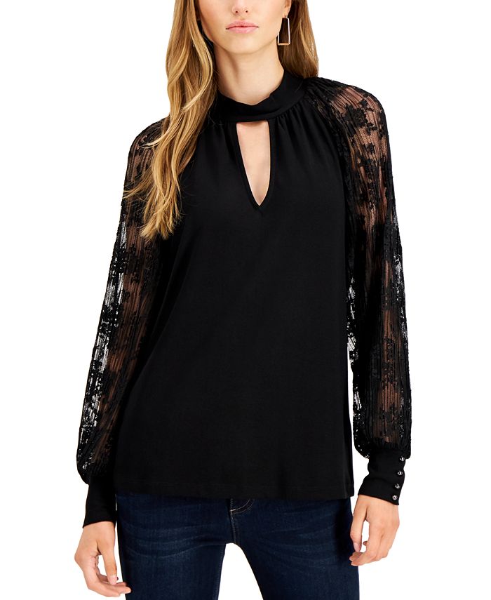 Fever Lace-Sleeve Keyhole Top - Macy's