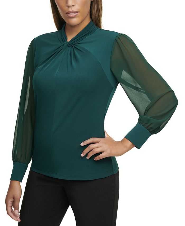 Calvin Klein Plus Size Twist-Neck Chiffon-Sleeve Top - Macy's