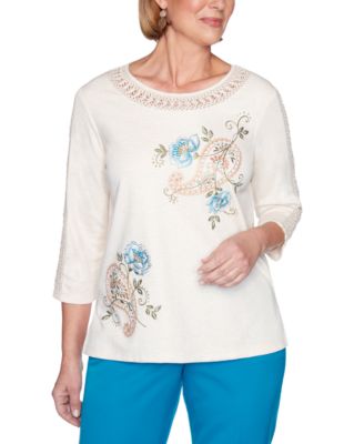 Alfred Dunner Petite Colorado Springs Paisley Floral Embroidered Top - Macy's