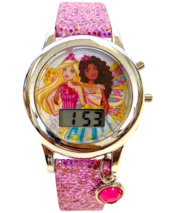 Accutime Kid's Barbie Digital Pink Glitter Silicone Strap Watch 34mm ...