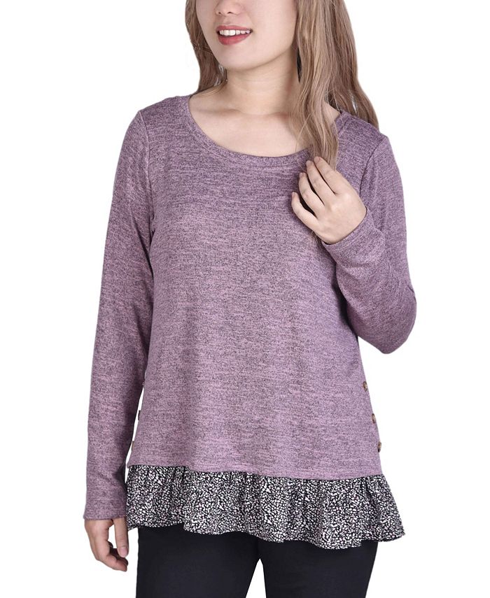 NY Collection Women's Long Sleeve Tunic with Ruffled Hem - Macy's