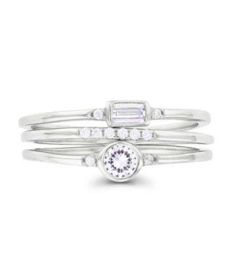 Cubic Zirconia Round and Baguette Faux Stacked Ring Rhodium Plated Sterling Silver with Whit
