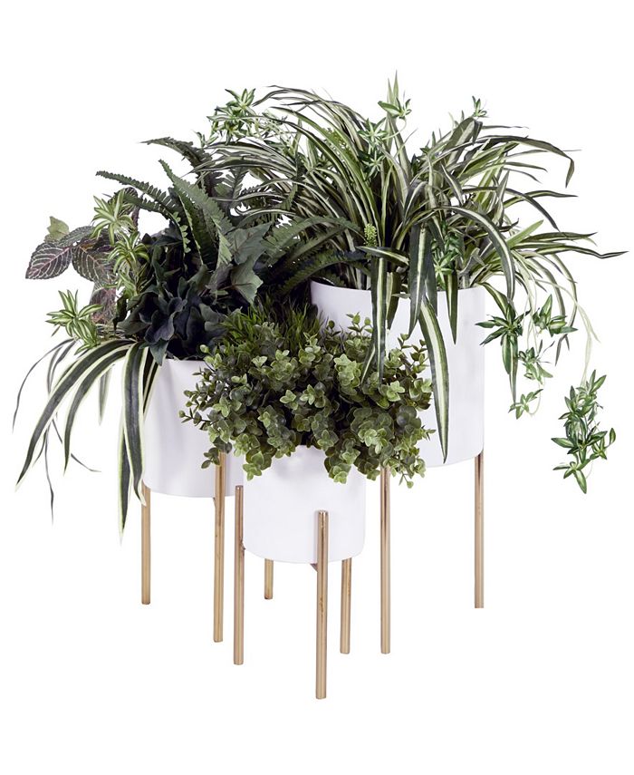Rosemary Lane Contemporary Style Large Round Metal Planters in Stands ...