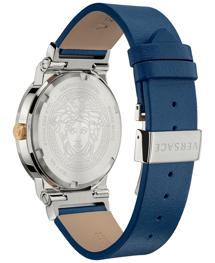Versace Men's Swiss Blue Leather Strap Watch 41mm - Macy's