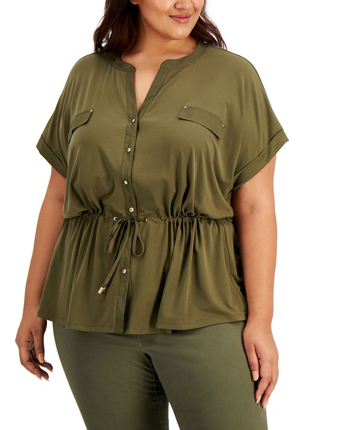 Calvin Klein Plus Size Button-Front Cinch-Waist Top - Macy's