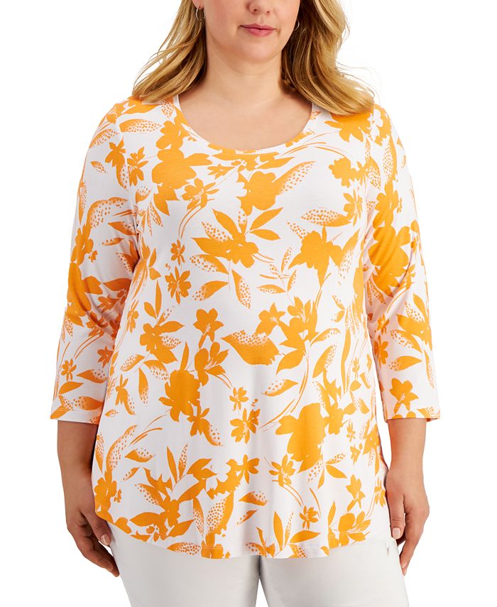 JM Collection Plus Size Printed 3/4-Sleeve Top, Created for Macy's - Macy's
