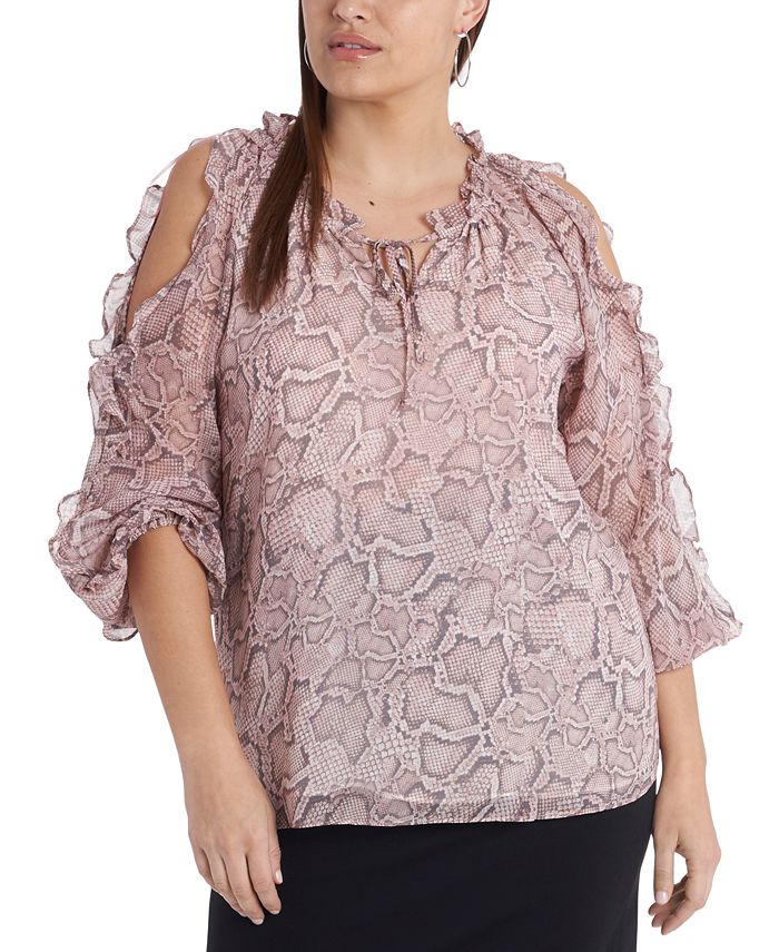 1.STATE Trendy Plus Size Ruffled Cold-Shoulder Printed Top - Macy's