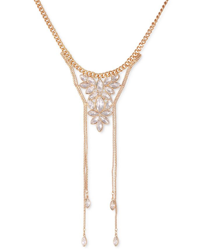 GUESS Gold-Tone Crystal Box Chain Frontal Necklace, 16" + 2" extender ...