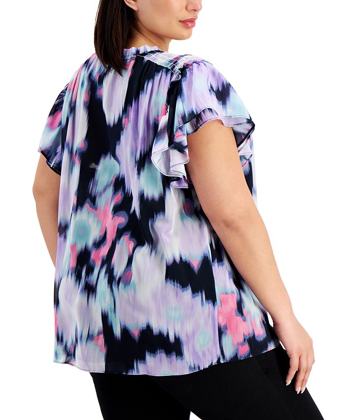 Calvin Klein Plus Size Printed Ruffle-Neck Top & Reviews - Tops - Plus ...
