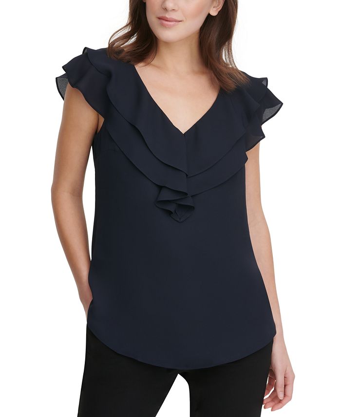 DKNY Ruffled V-Neck Top - Macy's