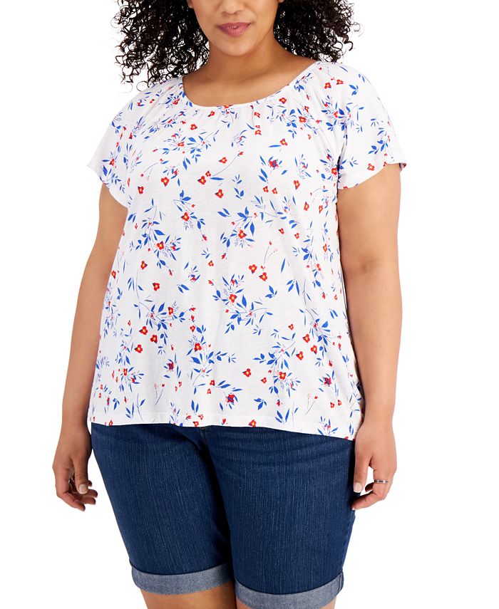 Style And Co Plus Size Printed Pleat Neck Top Created For Macys Macys