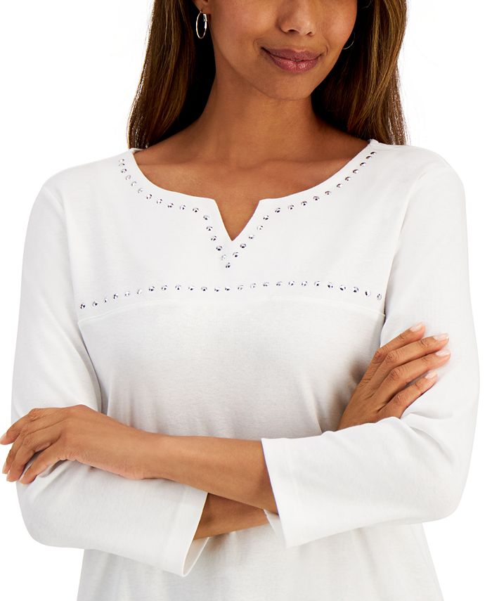 Karen Scott Petite Cotton Studded 3/4-Sleeve Tunic, Created for Macy's ...