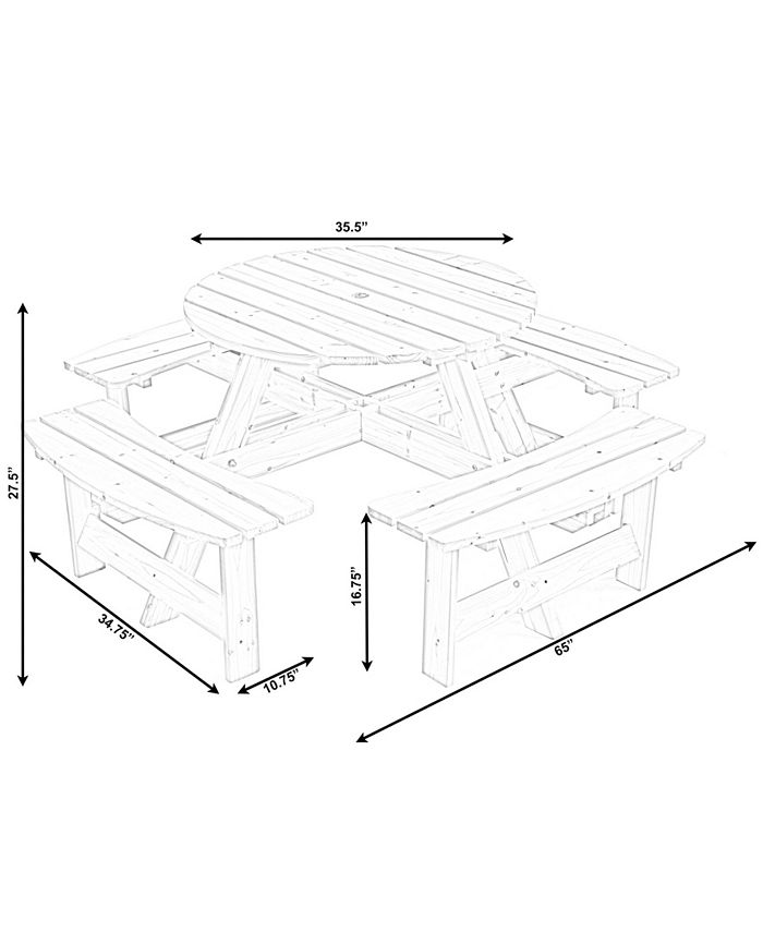 Gardenised Natural Wooden Outdoor Patio Garden Round Picnic Table with ...