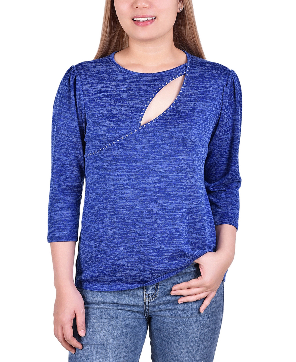 Click here for Womens 3/4 Sleeve Cutout Neck Top with Studs - Cob... prices