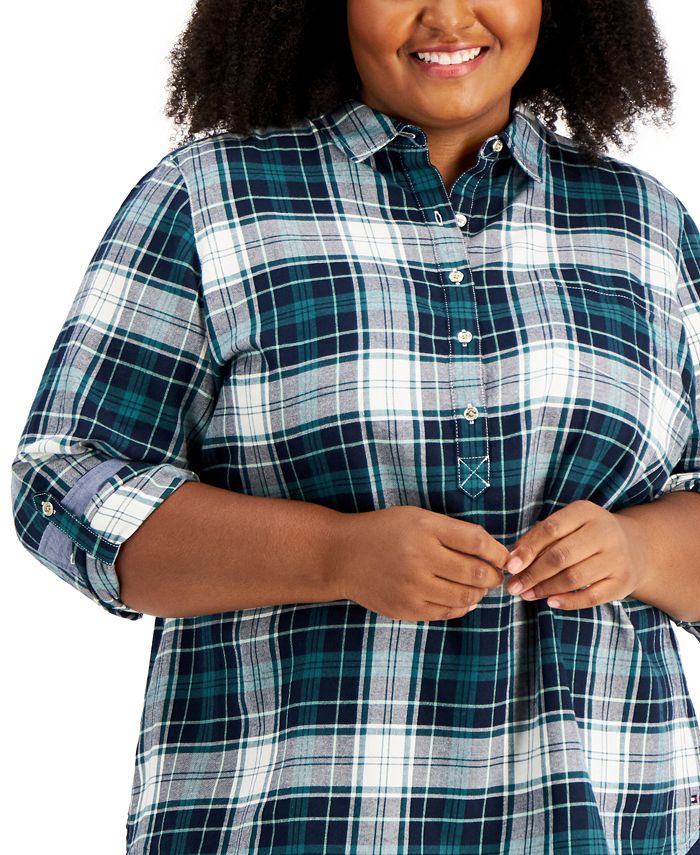 Tommy Hilfiger Plus Size Cotton Plaid-Print Popover Top - Macy's