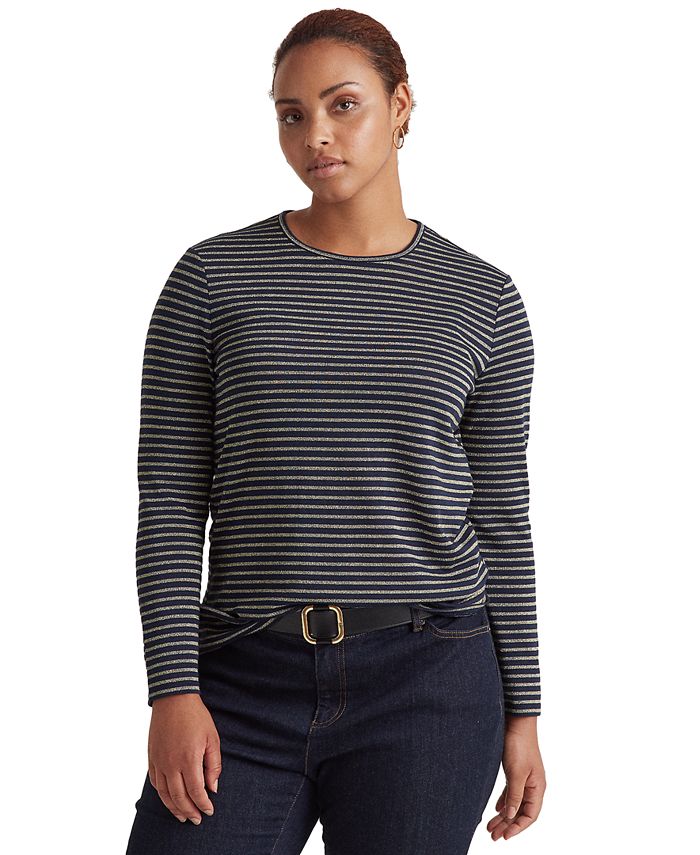 Lauren Ralph Lauren Plus-Size Metallic-Stripe Jersey Top - Macy's