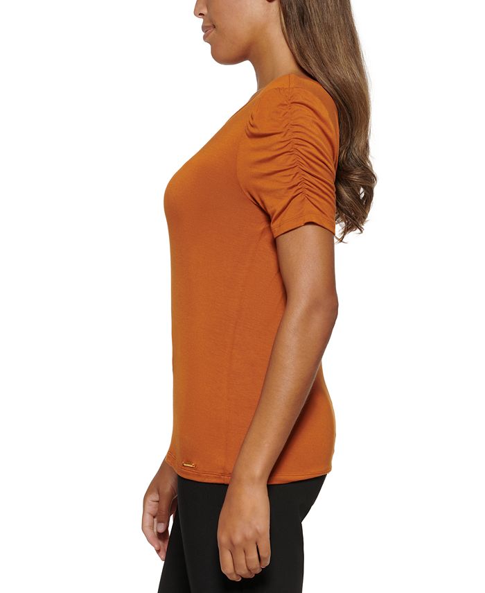 Calvin Klein Ruched Short Sleeve Cotton Top - Macy's