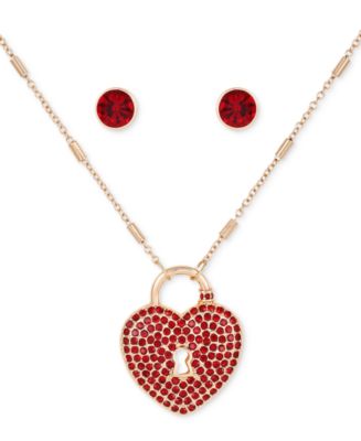 GUESS 2-Pc. Set Heart Lock Pendant Necklace & Stone Stud Earrings - Macy's