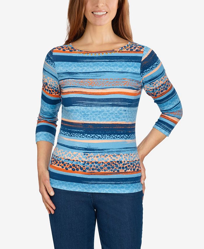 Ruby Rd. Women's Misses Embellished Horizontal Brushstroke Striped Top ...