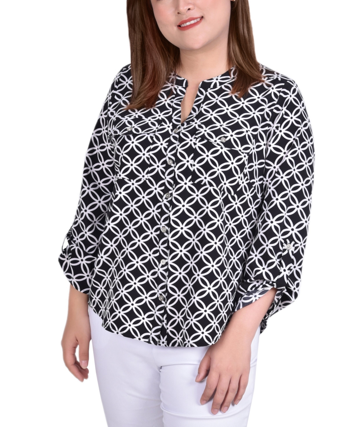 Ny Collection Plus Size 3/4 Sleeve Roll Tab Y Neck Blouse - Black White Iconic