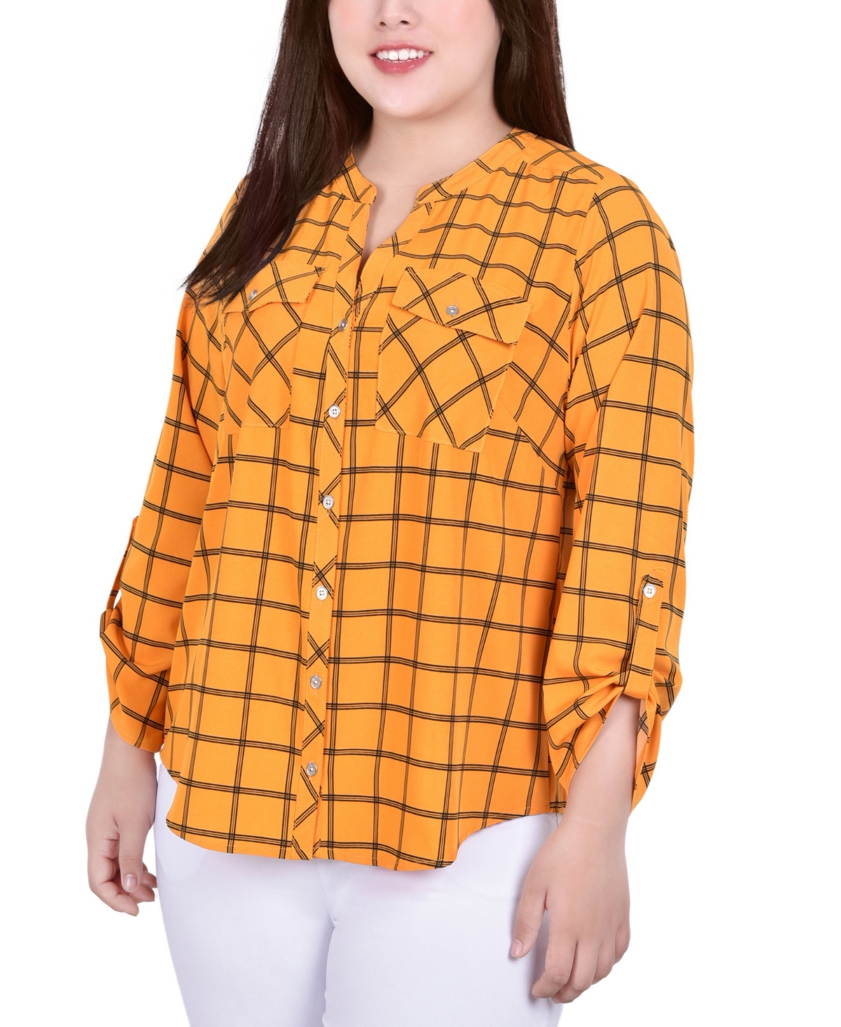 Click here for Ny Collection Plus Size 3/4 Sleeve Roll Tab Y Neck... prices