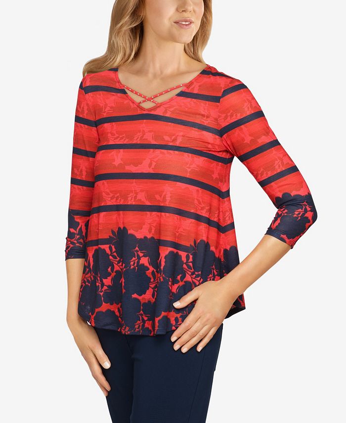 Ruby Rd. Plus Size Embellished Floral Striped Top - Macy's