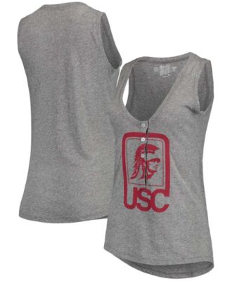 Women's Heathered Gray USC Trojans Relaxed Henley Tri-Blend V-Neck Tank ...