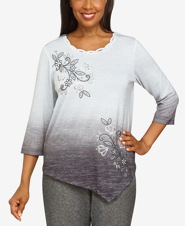 Alfred Dunner Petite Casual Approach Ombre Print Embroidered Top - Macy's