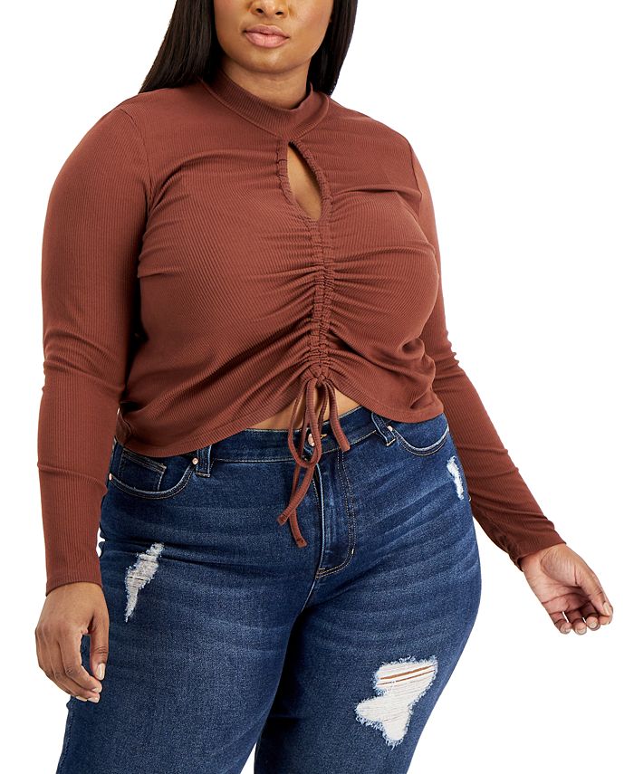 FULL CIRCLE TRENDS Trendy Plus Size Mock-Neck Cutout Ruched Crop Top ...