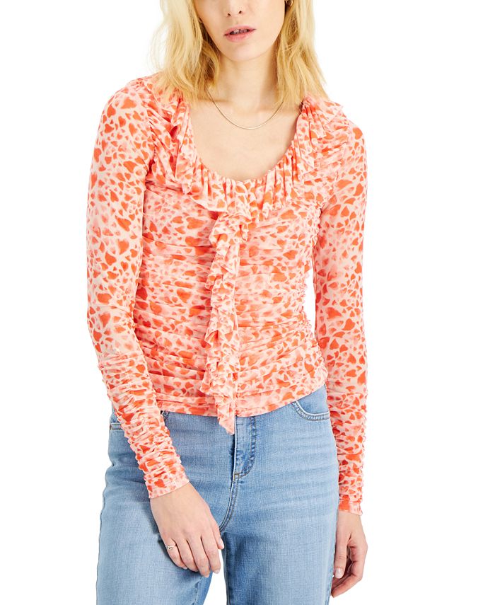 Inc International Concepts Printed Ruffled Ruched Mesh Top Created For