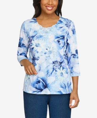 Missy High Impact Women's Watercolor Floral Lace Neck Top - Macy's
