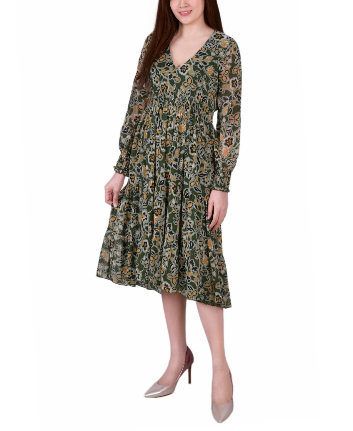 Click here for Womens Long Sleeve Clip Dot Chiffon Dress with Smo... prices